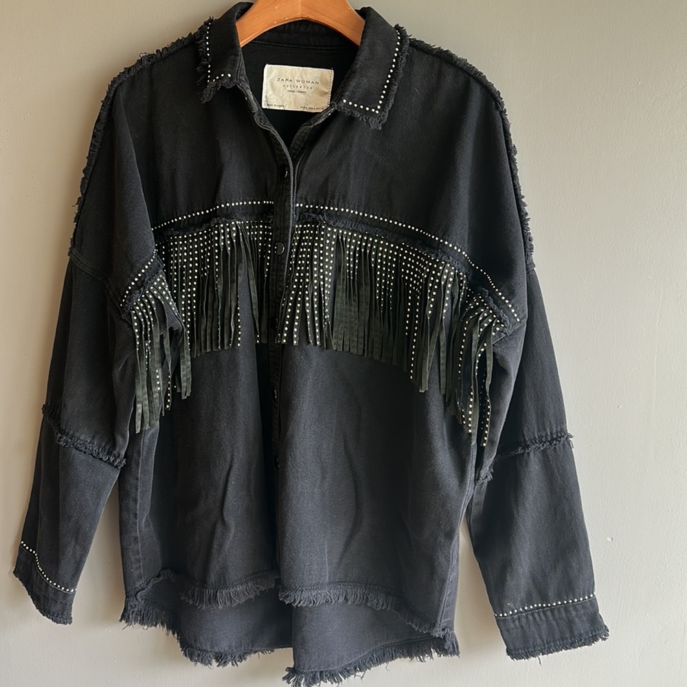 Zara Denim Jacket With Bejeweled Fringe Rhinestone Bl… - Gem